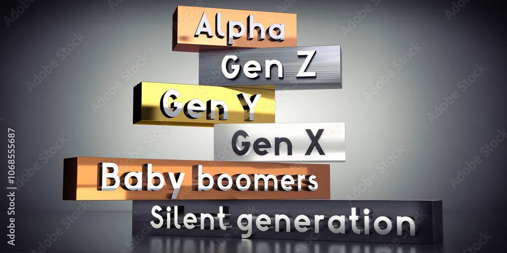 Alpha, Gen Z, Gen Y, Gen X, Baby boomers, Silent generation - words on ...