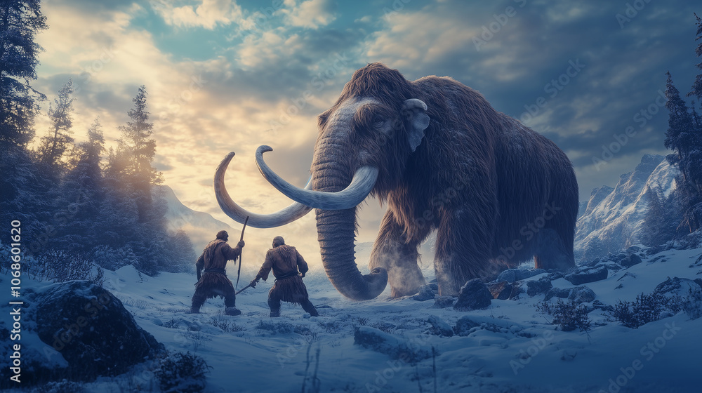 Primitive hunters armed with spears confront a massive woolly mammoth ...