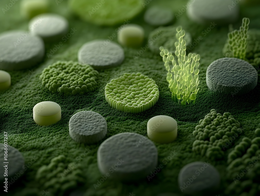 Biomicroscopic image showcasing vibrant green microalgae colonies with intricate cellular ...