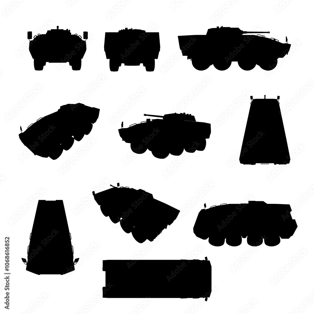 Set of Armored personnel carrier silhouette. Armored fighting vehicle ...