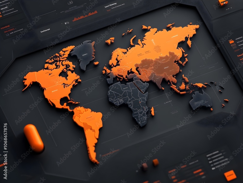 Sophisticated AI driven global logistics dashboard featuring a detailed world map complex ...