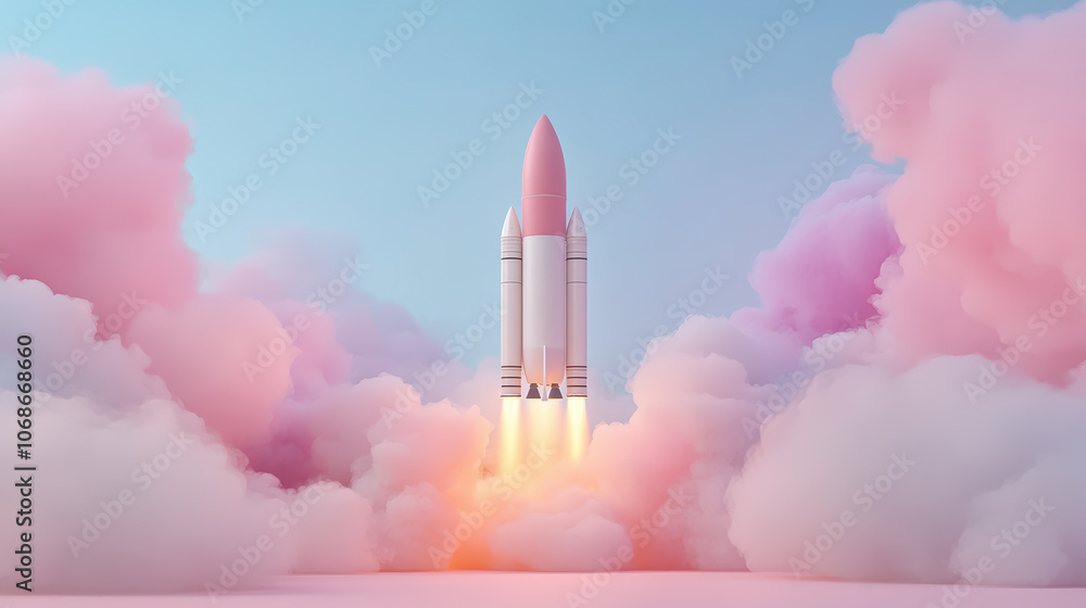 A space shuttle launches into a dreamy sky filled with pastel pink and ...