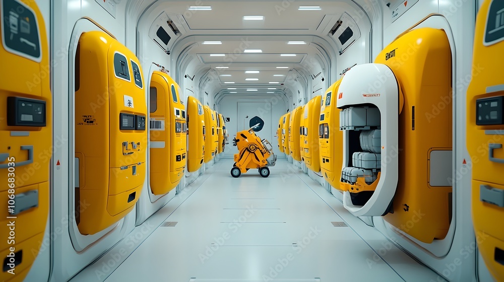 Futuristic autonomous cargo exoskeleton walkers with articulated limbs ...