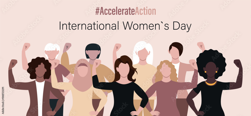 International Women's Day banner. IWD2025 campaign theme #AccelerateAction. Vector illustration ...
