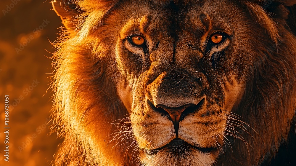 Majestic Lion s Face Glowing in Golden Sunlight with Piercing Amber ...
