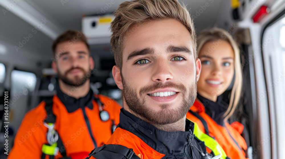 Emergency medical team smiling in ambulance, showcasing teamwork and ...