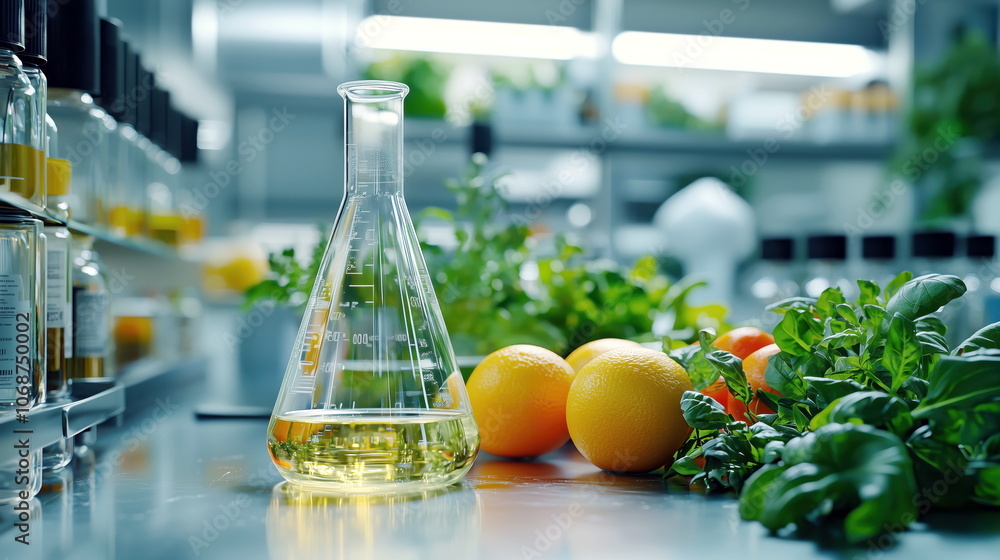 Research lab setup featuring a flask of yellow liquid with fresh herbs ...