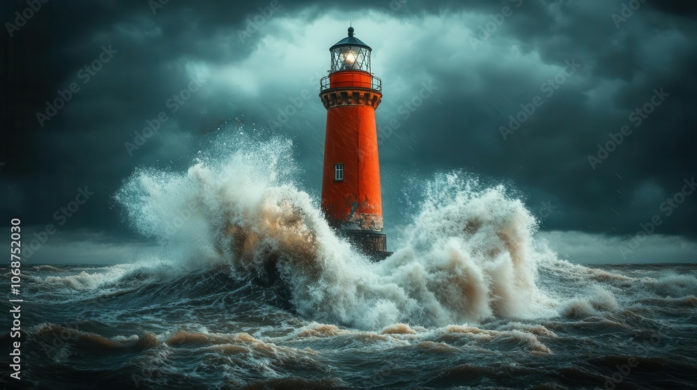 Powerful ocean waves crashing against a lighthouse during a storm ...