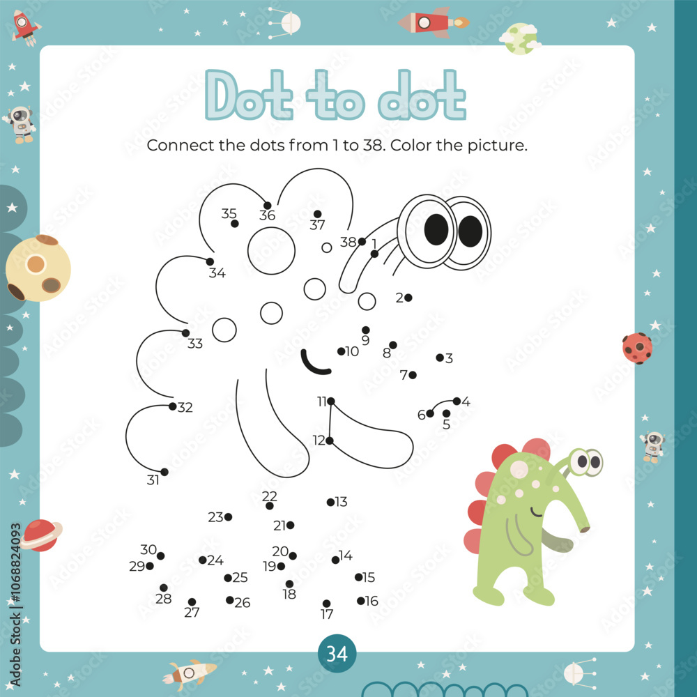 Outer Space activities for kids. Dot to dot game – Alien space monster ...