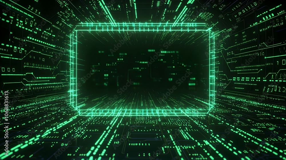 Glowing Digital Circuit Frame Against Matrix like Binary Code ...