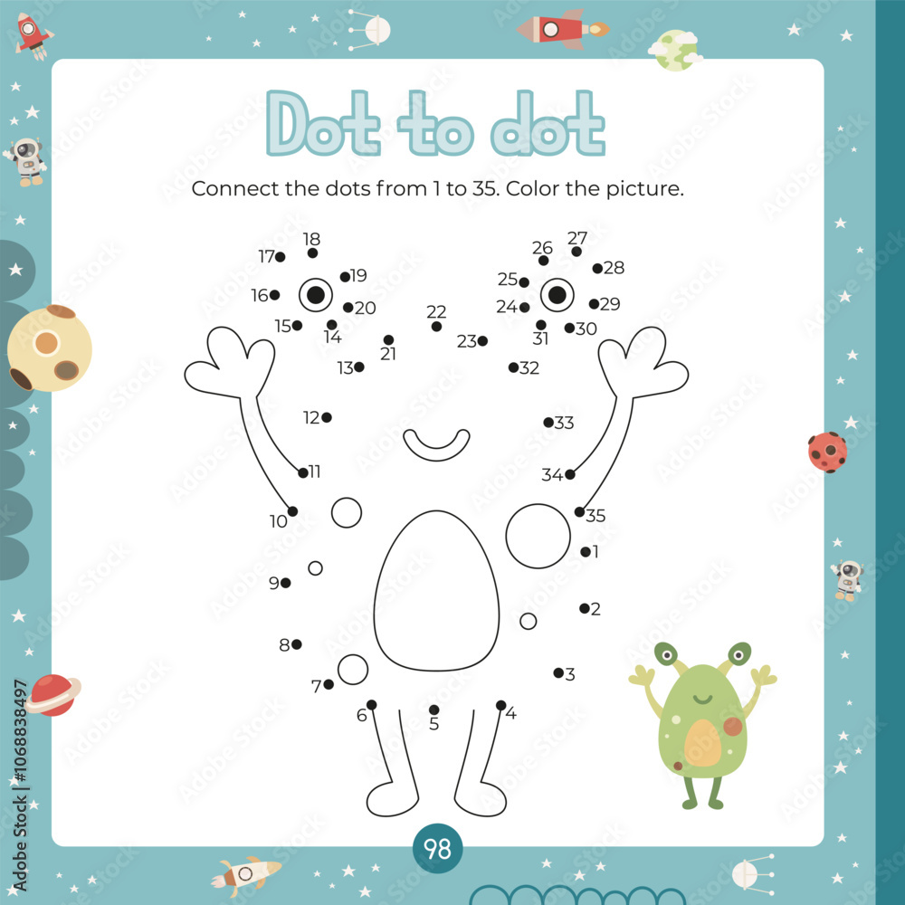 Outer Space activities for kids. Dot to dot game – Cute alien. Connect ...