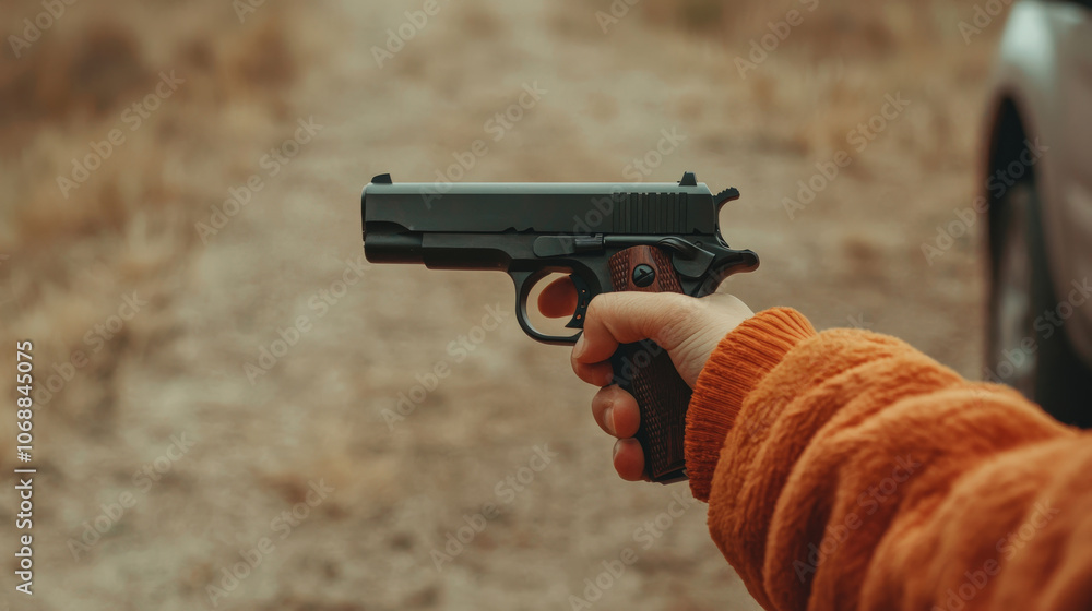 hand holding gun points outward, showcasing tense moment in rural ...