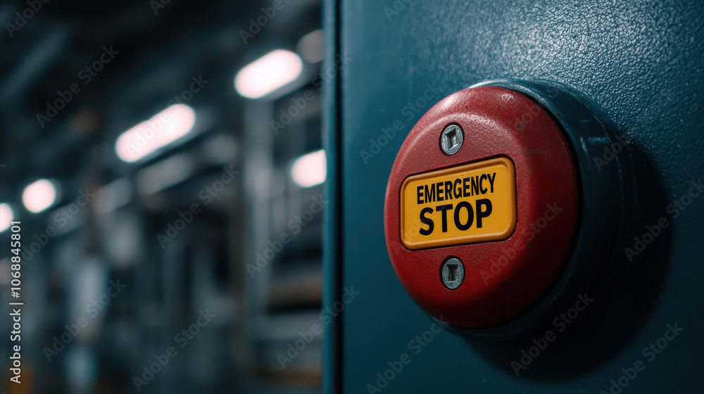 Emergency stop button on control panel, crucial for safety in ...