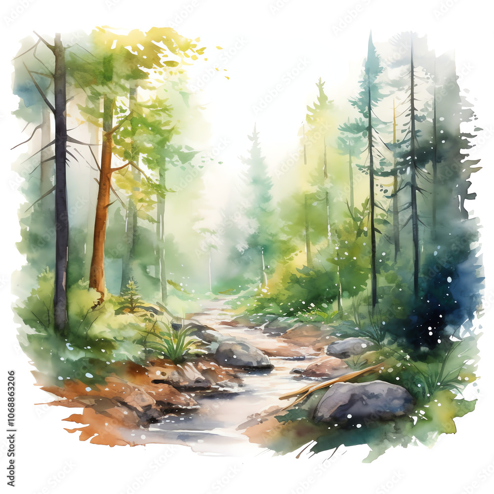 Watercolor forest creek clipart on a isolated background, green forest ...