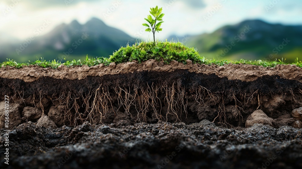 Cross-sectional view of soil layers with young plant and root system ...