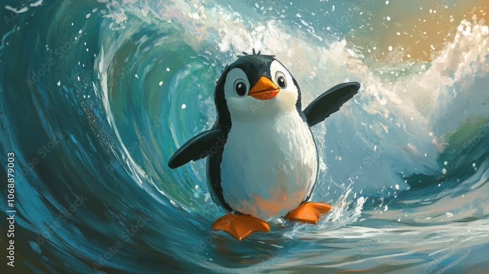 Penguin cartoon character braving a tsunami illustrating courage and ...