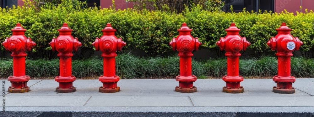 Uniform fire hydrants lining a bustling city street, vibrant urban ...