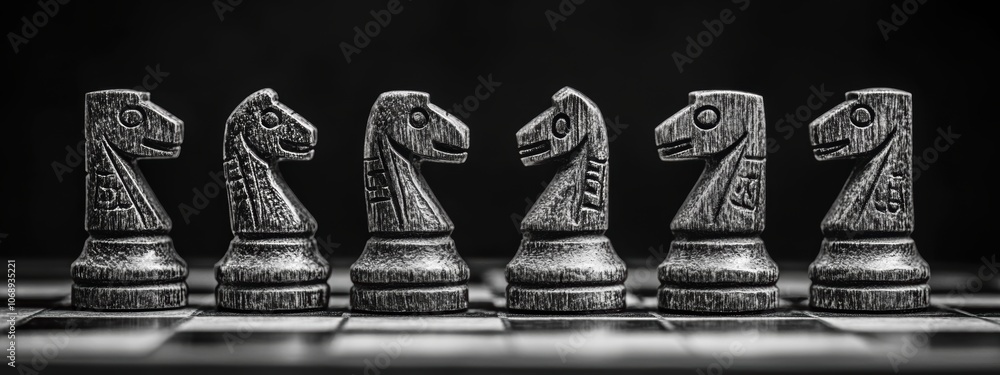 Uniform chess pieces aligned on a checkered board, strategic elegance ...