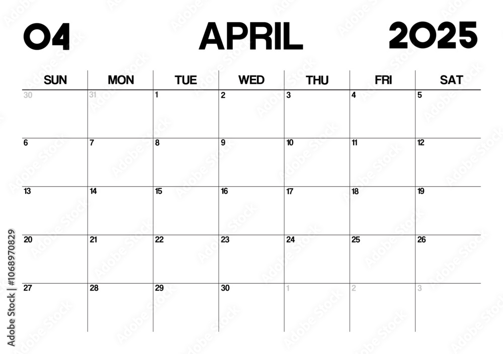 Printable Monthly Calendar Template for April 2025. Minimalist Style ...