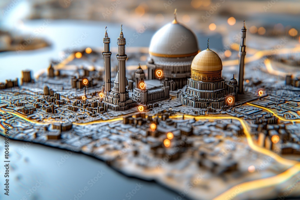 Pixel art travel simulation of a pixelated city map with small icons of ...