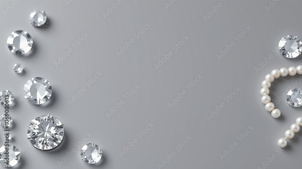Elegant jewelry on silver grey background with shimmering diamonds and ...