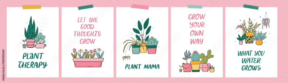 Indoor plants posters, banners, cards decorated with doodles and ...