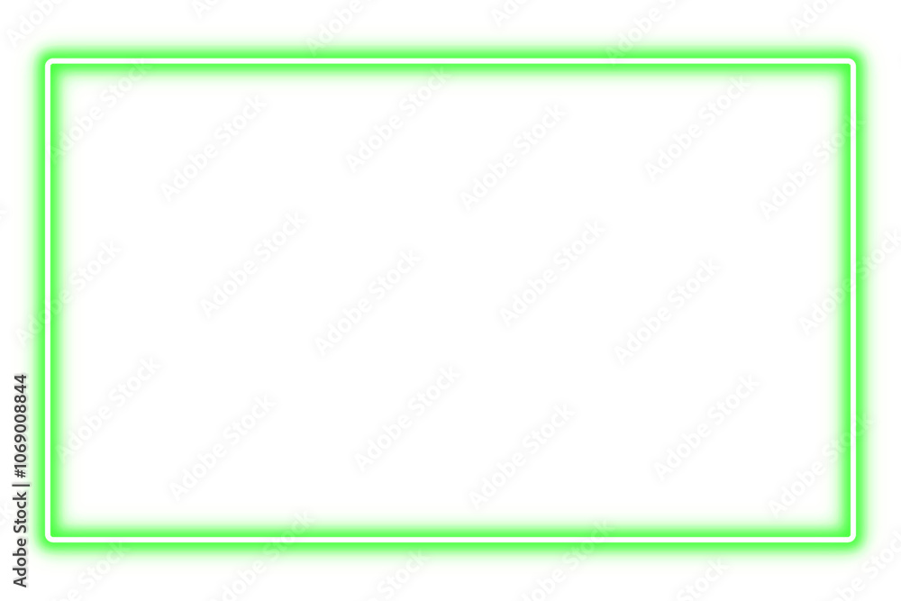 Neon rectangle frame green color isolated on transparent background. Glowing neon border with ...