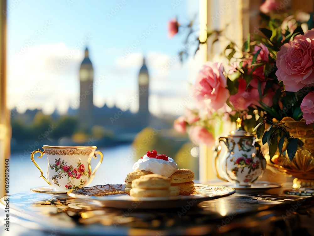 Elegant English afternoon tea with scones, clotted cream, and tea, Big ...