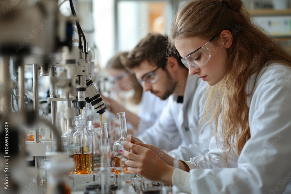 Laboratory scientists conducting experiments with glassware and liquids ...
