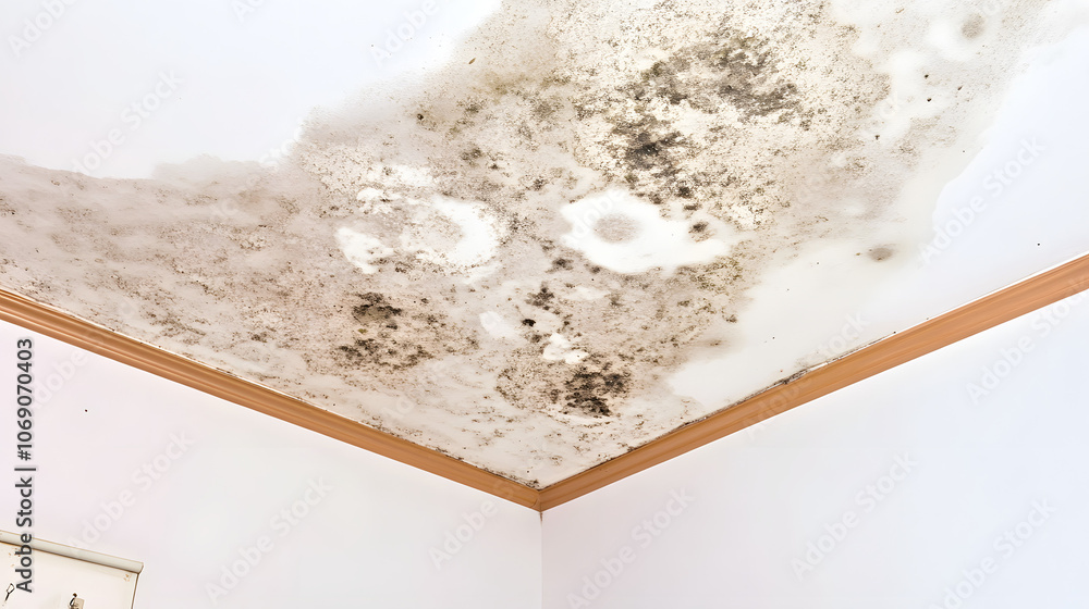 Close-Up of a Moldy Ceiling in an Old Apartment, Showing Water Stains ...