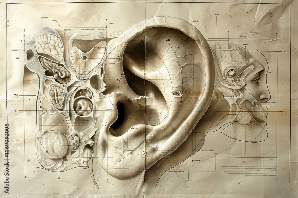 A detailed anatomical illustration of the human ear featuring cross ...