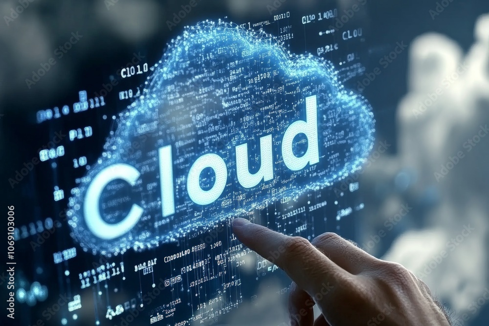 Finger interacting with a digital cloud symbolizing cloud storage data ...