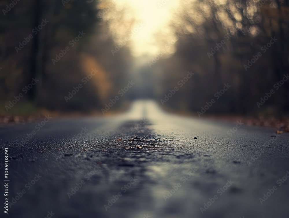 an empty road stretches into a blurry background, suggesting motion and ...
