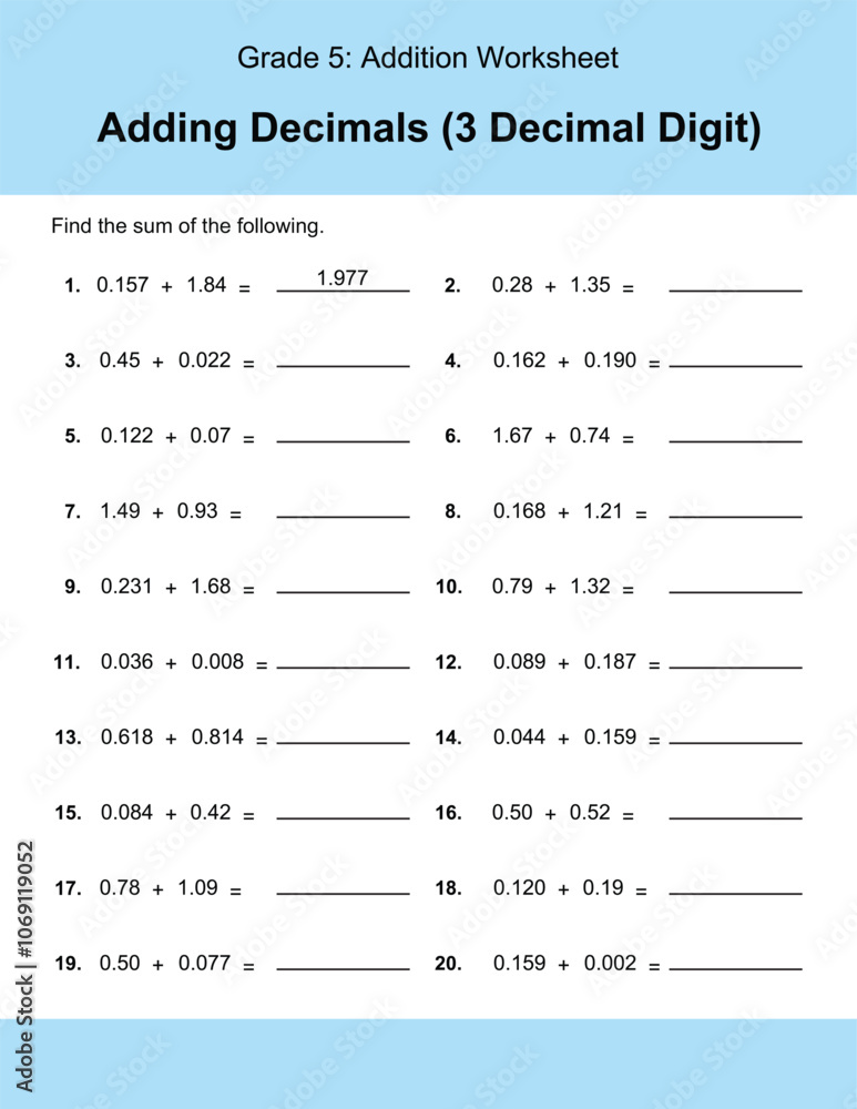 Maths Addition Worksheets Vector For Grade 5 Students, Teachers, and ...