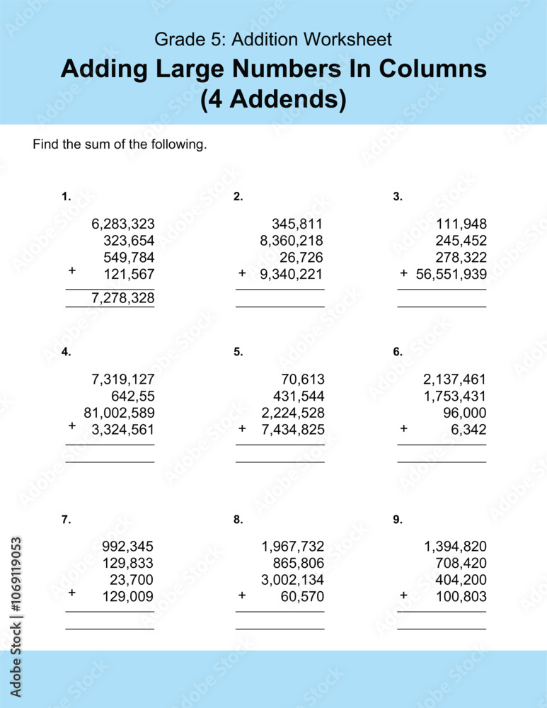Maths Addition Worksheets Vector For Grade 5 Students, Teachers, and ...