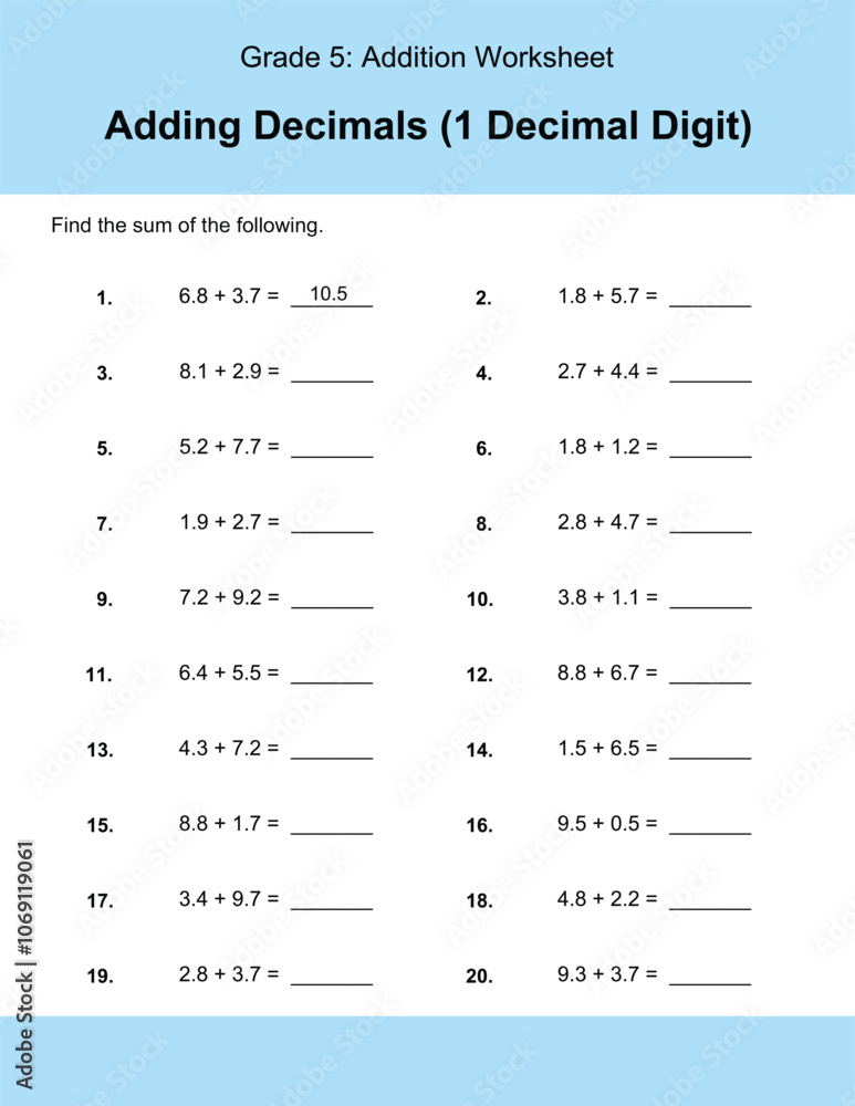 Maths Addition Worksheets Vector For Grade 5 Students, Teachers, and ...