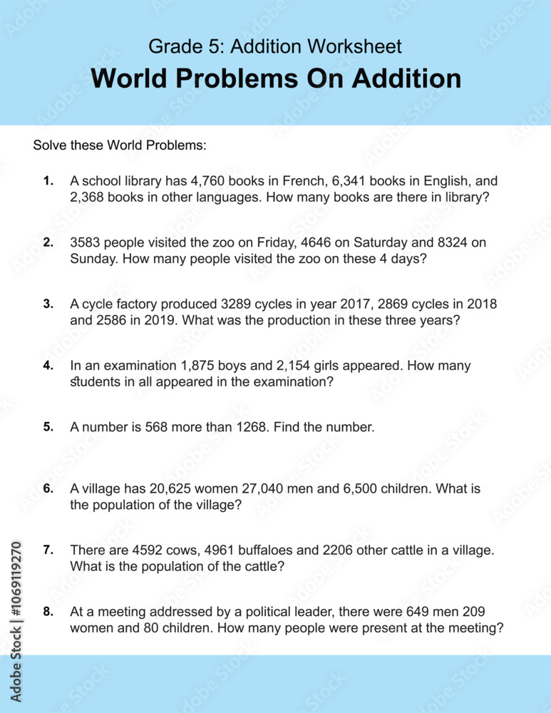 Maths Addition Worksheets Vector For Grade 5 Students, Teachers, and ...