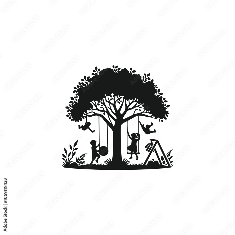 kids playing under a tree. Playground Logo Template. tree with a child ...