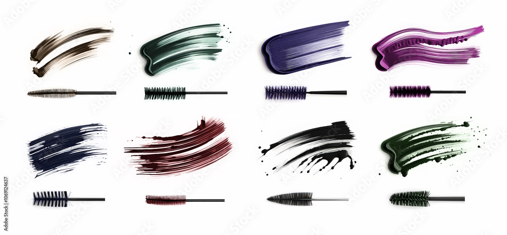 Mascara smudge stroke swatches and applicator brushes set isolated on ...