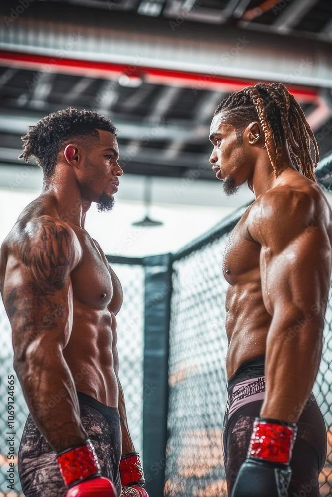 Two muscular mma fighters facing off in cage, preparing for combat ...