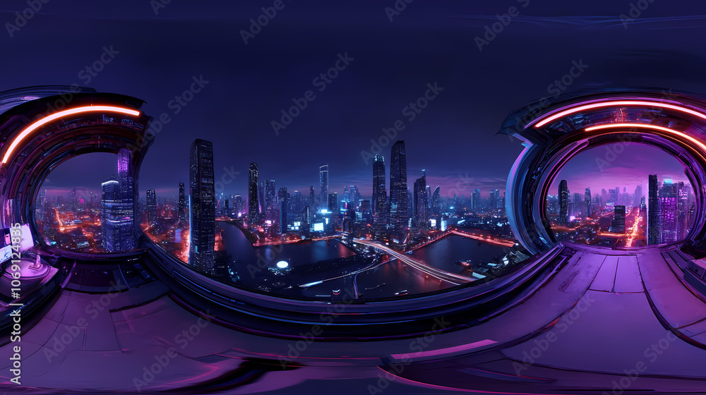 Futuristic cyberpunk night city with troninspired neon lights panorama ...