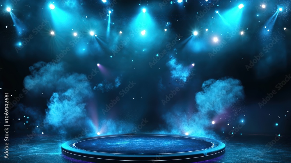 Illuminated stage with scenic lights and smoke. Blue vector spotlight ...