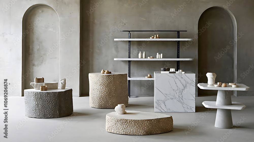 Elegant Product Display Rough Stone Slabs as Podiums, Marble Counters ...