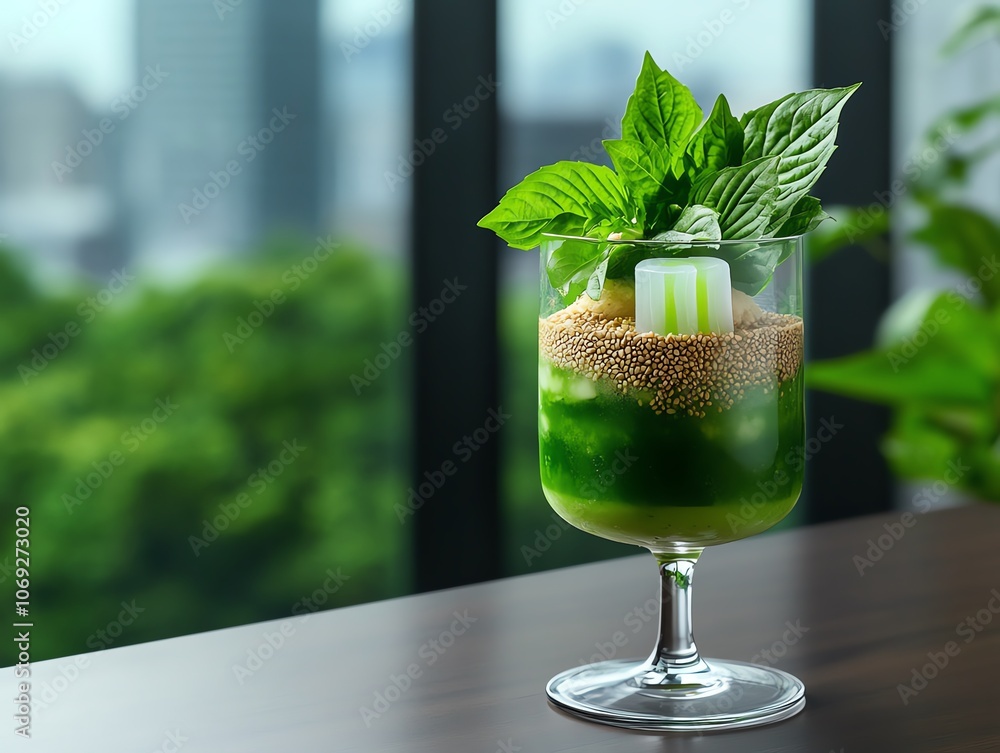 Kinako and sesame ice cream parfait with matcha jelly cubes, served ...