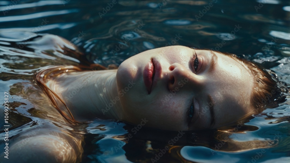 woman lying on the surface of the water with her face partially ...