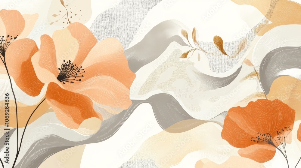 Graceful, pastel-colored poppy illustrations flow through warm-toned ...