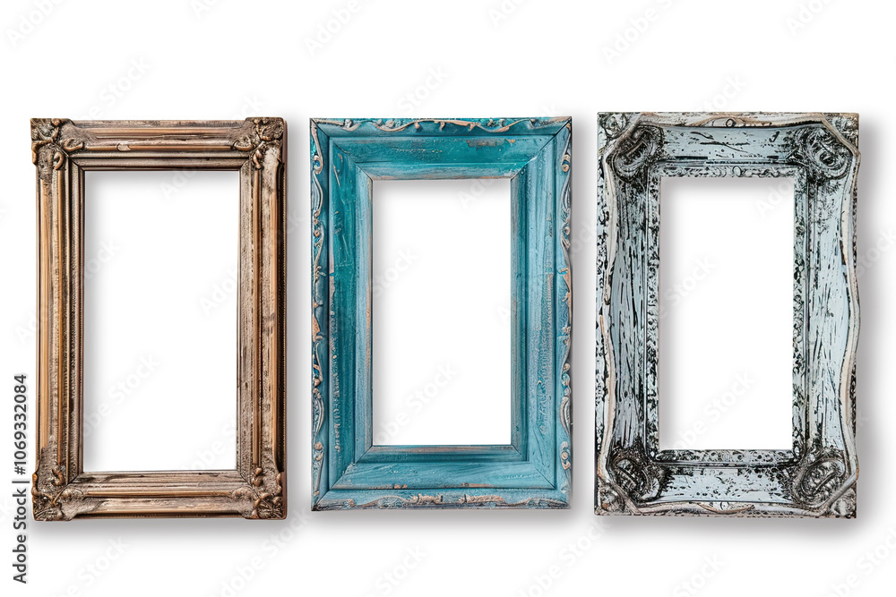 3 distressed wood frames with peeling old paint on wood. ornate vintage ...