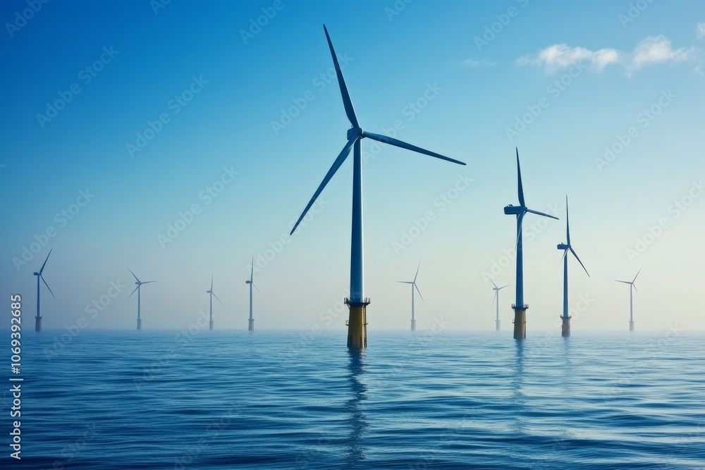 Offshore wind farm with white turbines in blue waters under clear skies ...