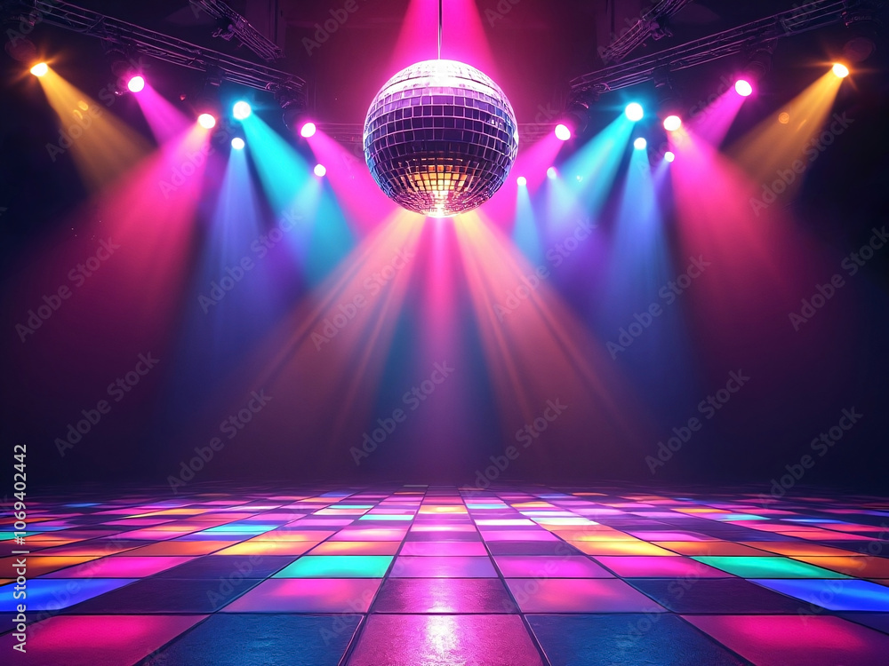 Retro style 70s disco club background with groovy dance floor mirror ball hanging from ceiling ...