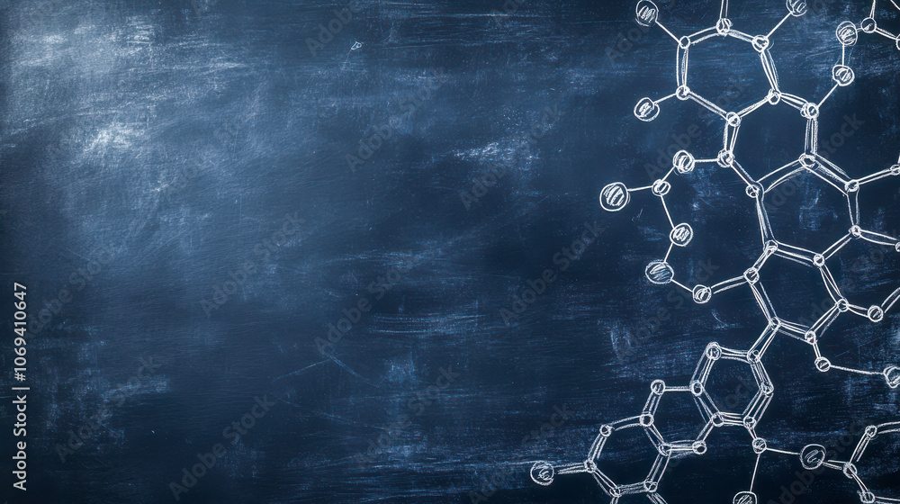 Hand-drawn chemical structure on chalkboard depicting molecular science ...